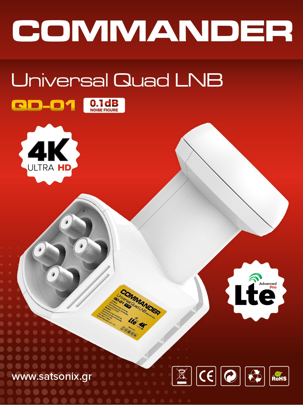 COMMANDER UNIVERSAL QUAD LNB QD-01 0.1dB - SATSONIX SATELLITE